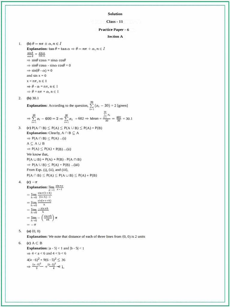 Class 11 Practice Paper 6 (Solutions) | PDF