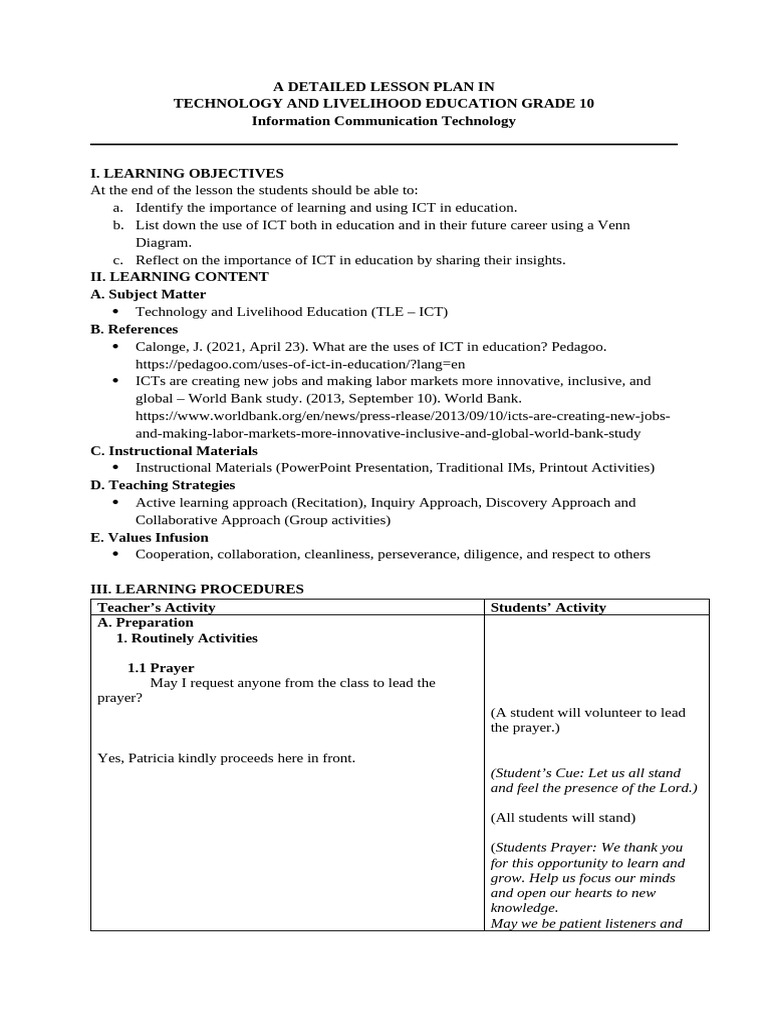 Grade 10 ICT Lesson Plan Overview | PDF | Educational Technology ...