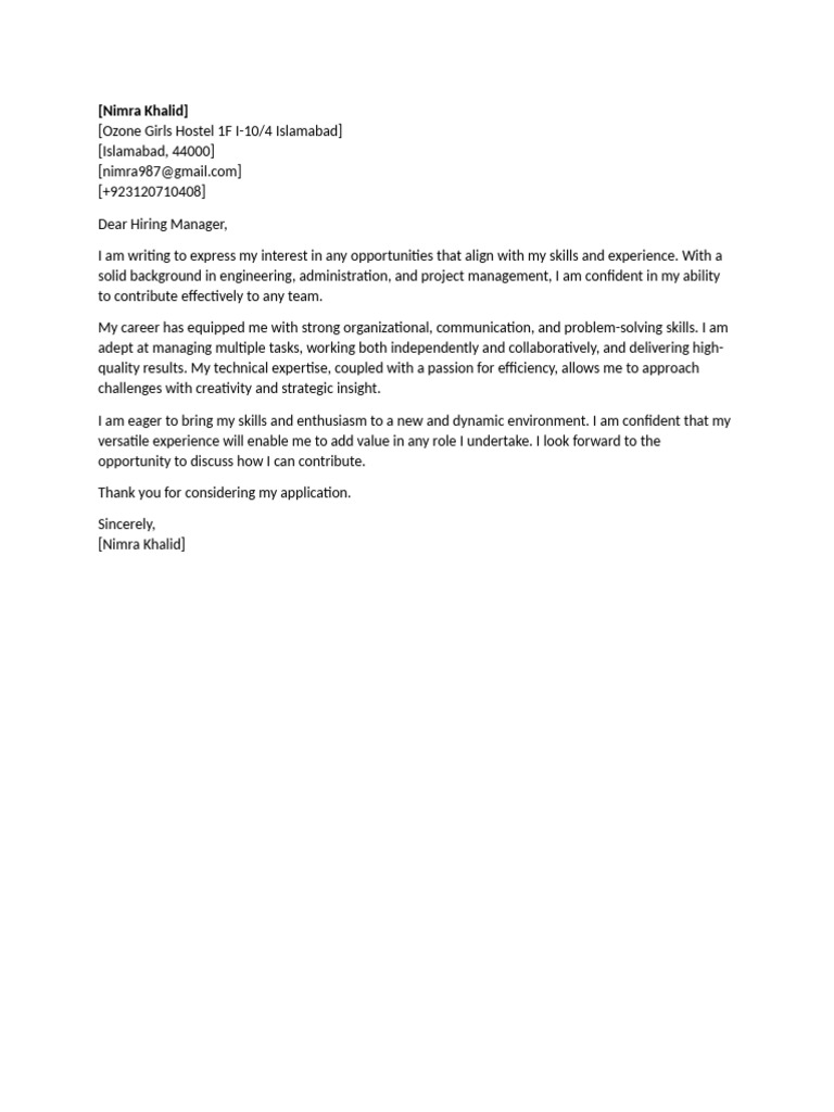 Nimra Khalid (Cover Letter) | PDF