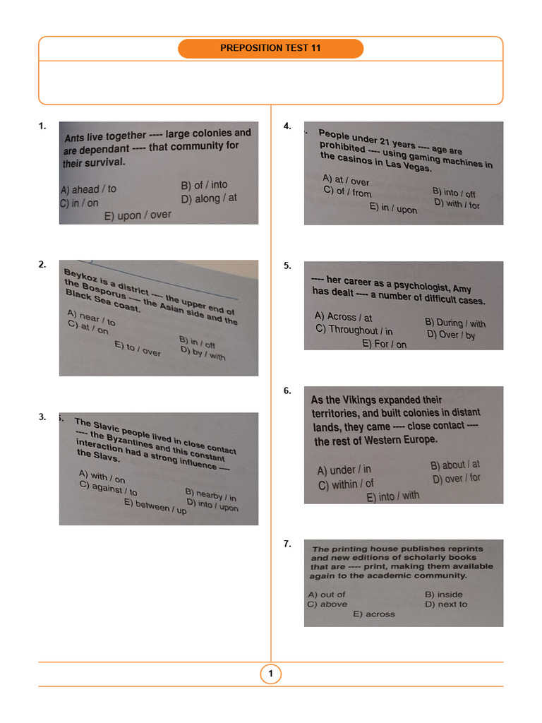 Preposition Test 11 | PDF