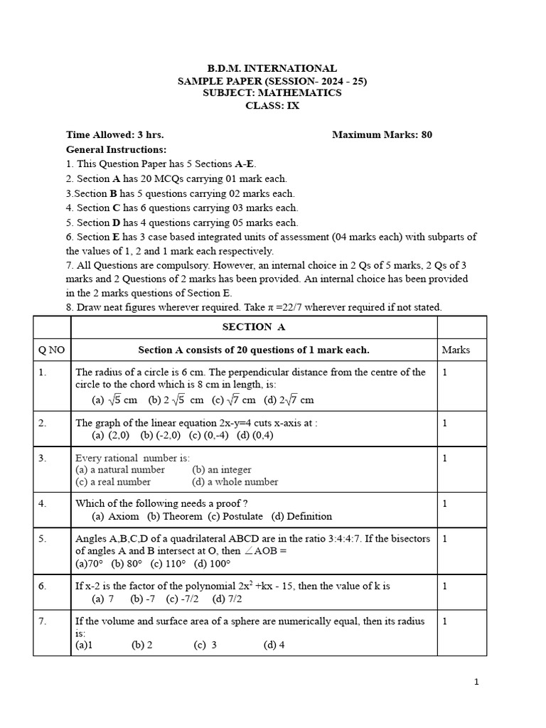 2.SAMPLE Question Paper - 2024-25 | PDF | Area | Circle