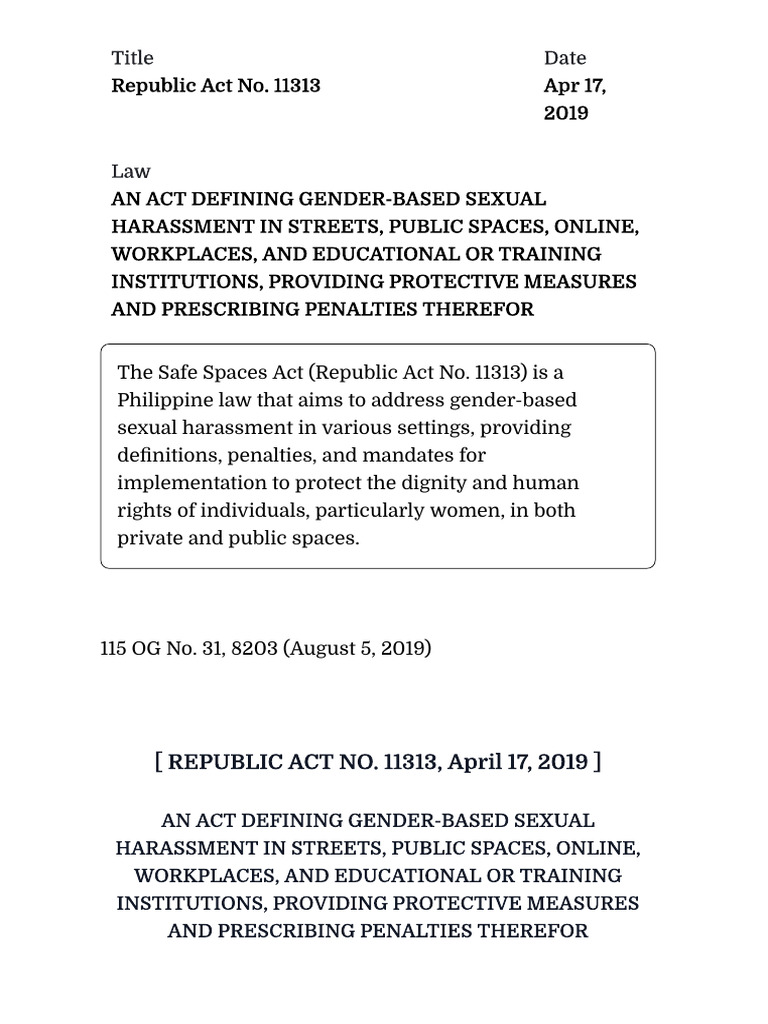 Republic Act No. 11313 | PDF | Sexual Harassment | Harassment
