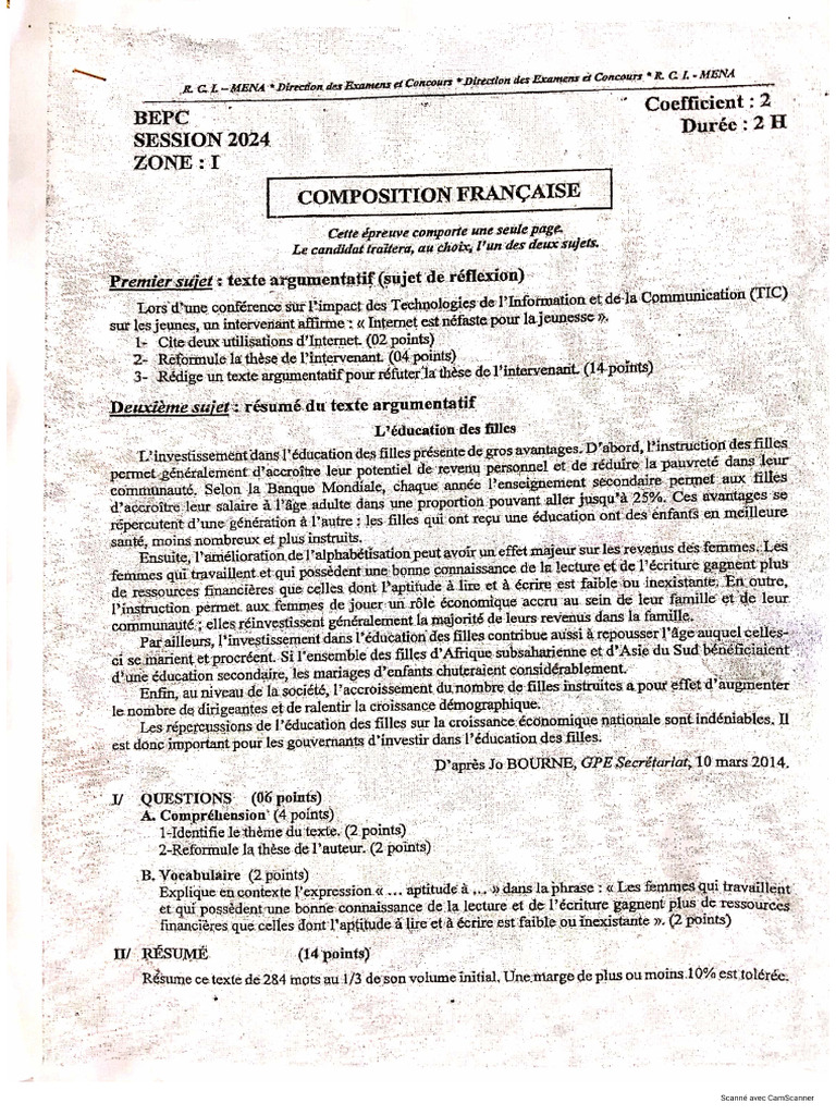 Sujets Bepc 2024 | PDF