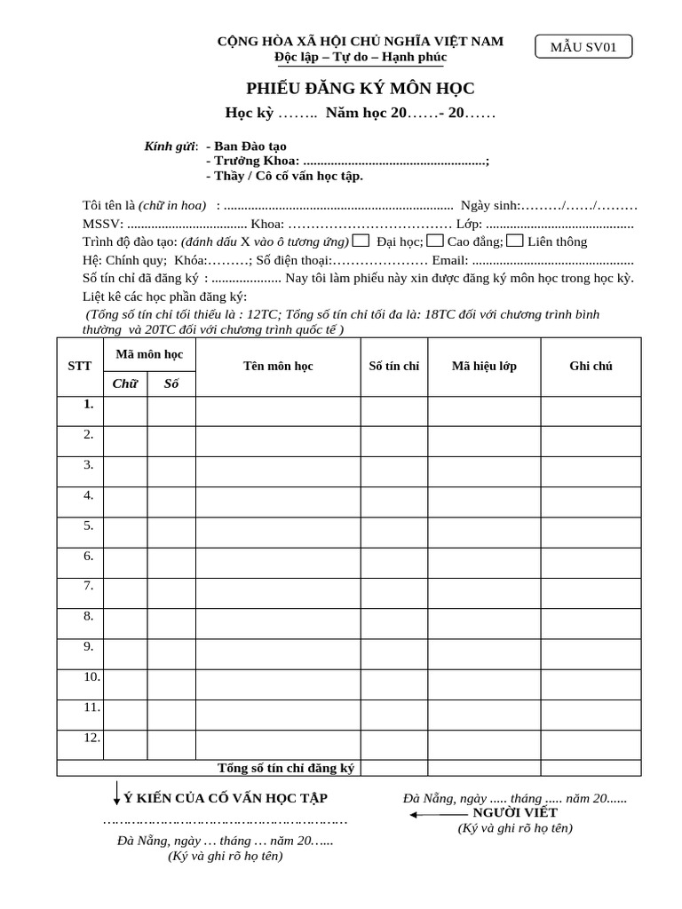 Phieu Dang Ky Mon Hoc Hoc Ghep | PDF