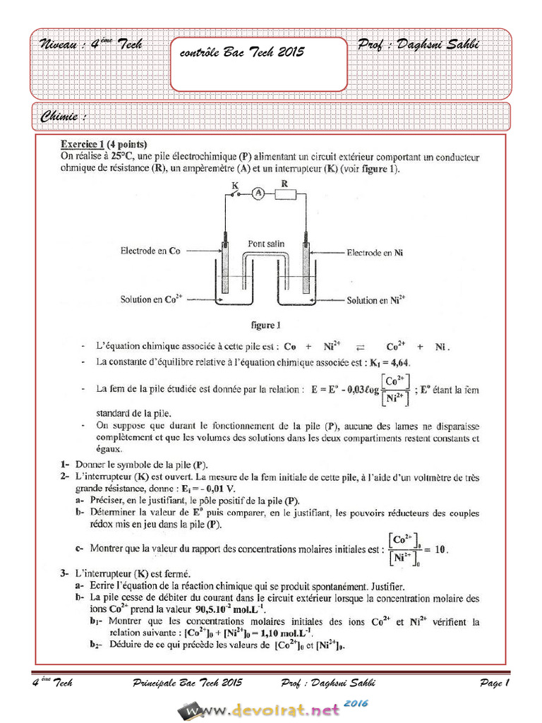 Devoir Corrigé de Révision - Sciences Physiques - Principale BAC SC TECH TUN 2015 - Bac ...