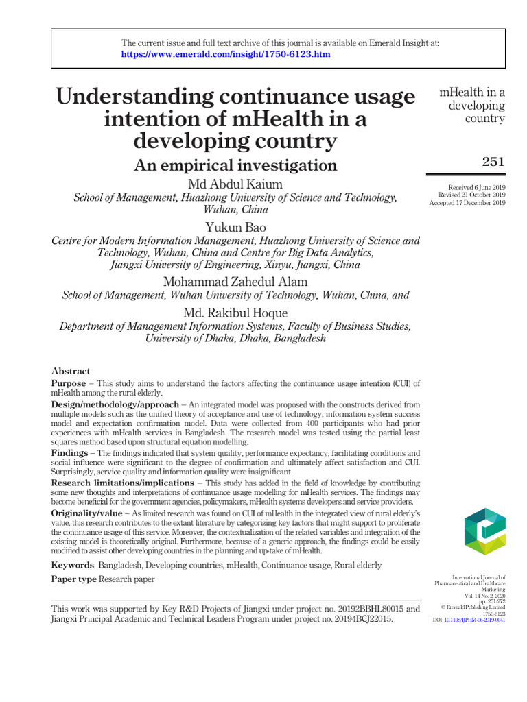 Understanding Continuance Usage Intention of Mhealth in A Developing Country | PDF | Cronbach's ...