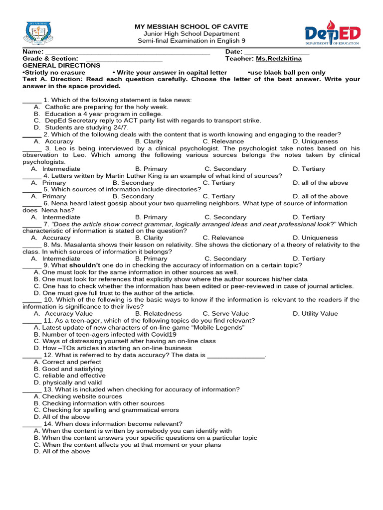 English 9 Exam: My Messiah School | PDF | Information | Accuracy And ...