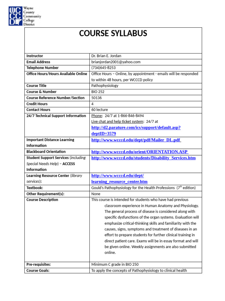 Pathophysiology Course Syllabus BIO 252 | PDF | Academic Dishonesty