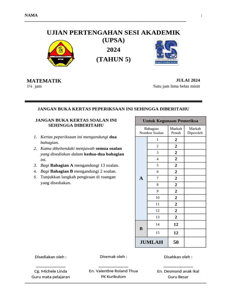 COVER DEPAN UJIAN UPSA MT Y5 | PDF