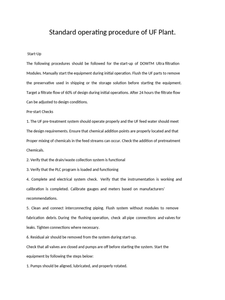 Standard Operating Procedure of UF Plant New | PDF | Membrane | Valve