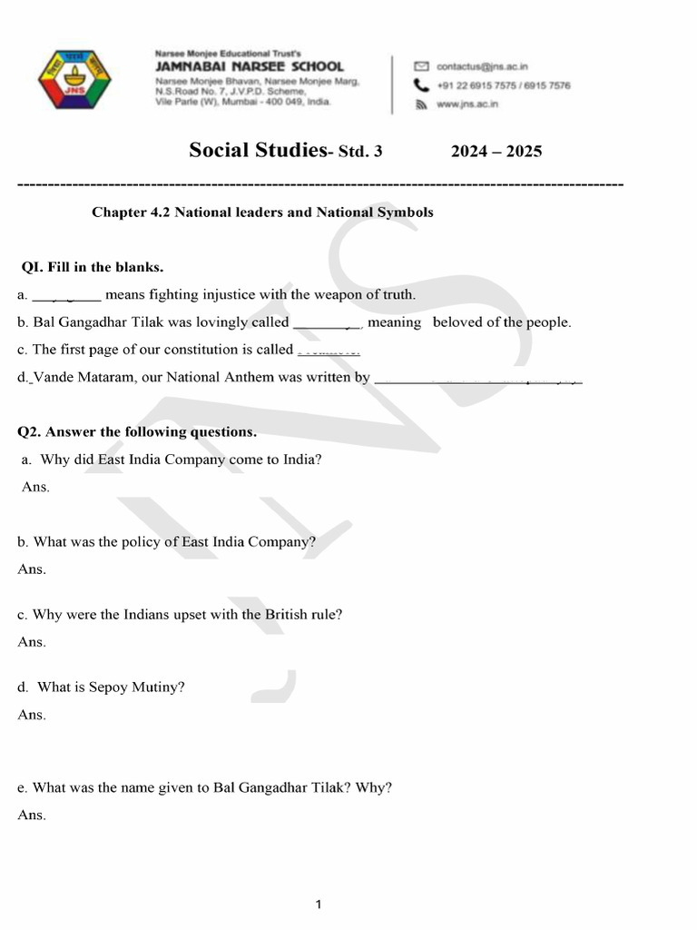 STD 3 SS - National Leaders and National Symbols 2024-25 | PDF