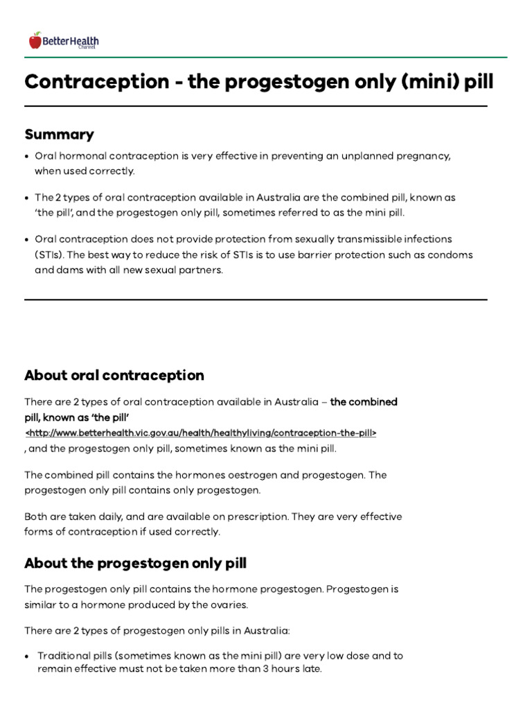 Contraception - The Progestogen Only (Mini) Pill - Better Health ...