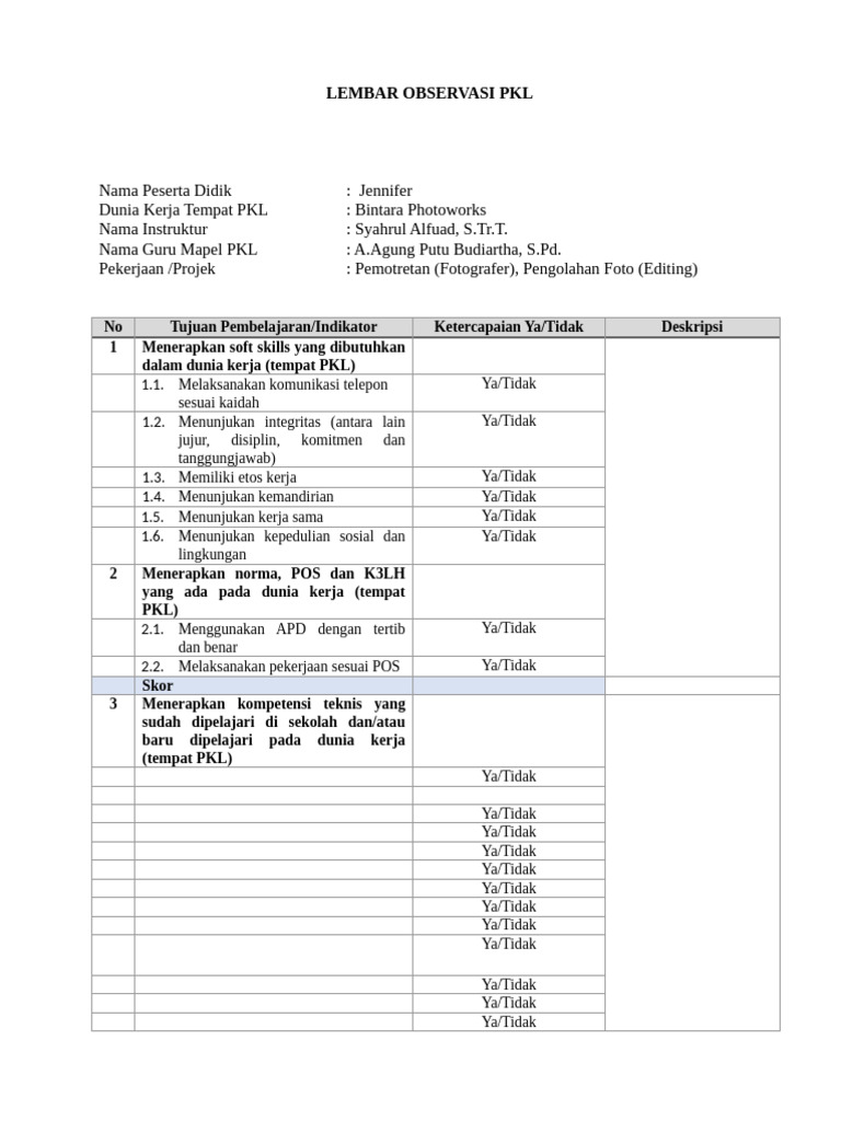 Lembar Observasi PKL Jeni | PDF