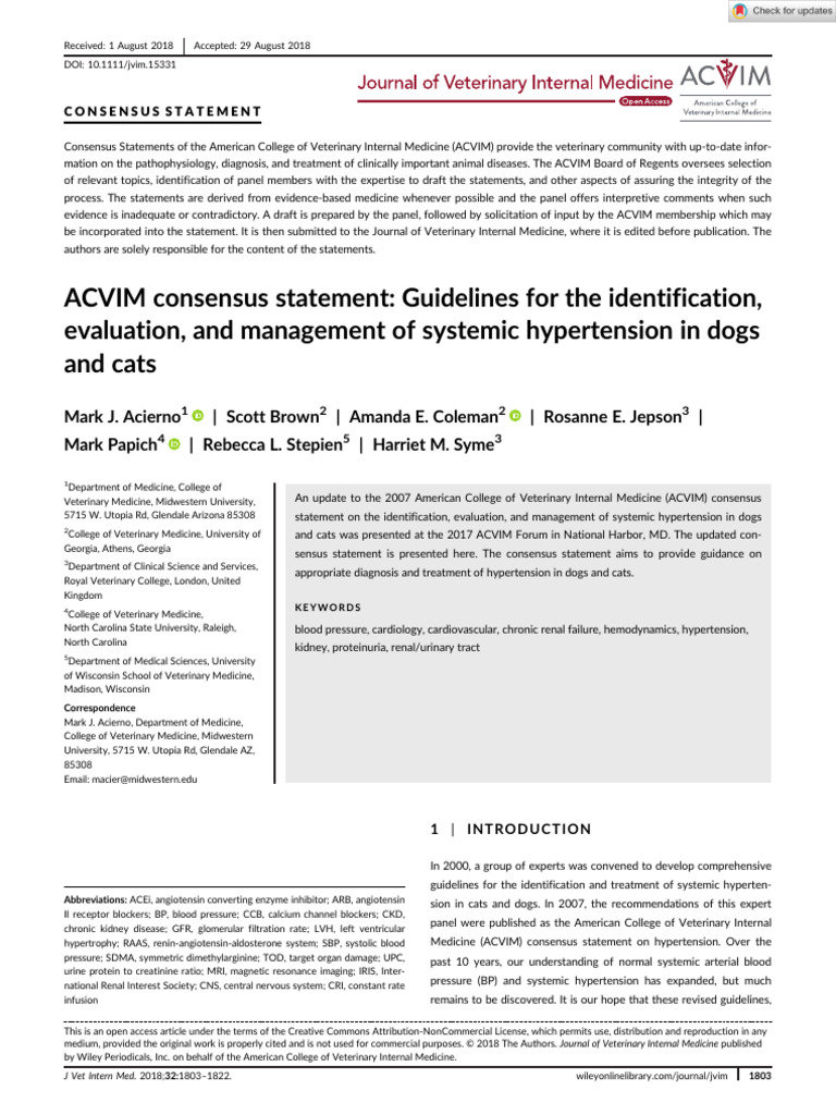 ACVIM Guidelines for Hypertension in Pets | PDF | Hypertension ...