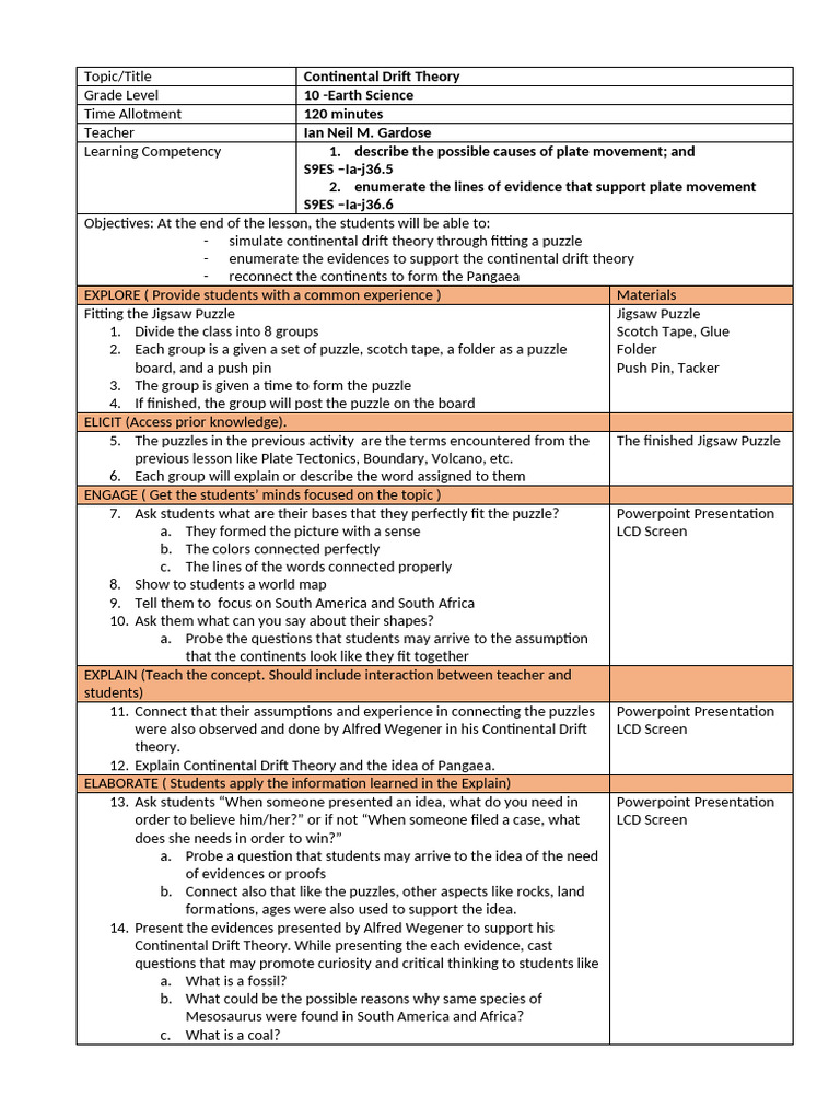 Continental Drift Theory Lesson Plan | PDF | Plate Tectonics | Cognition
