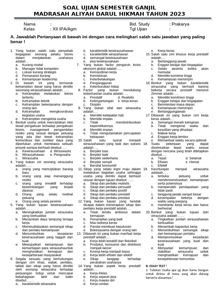 SOAL UJIAN SEMESTER GANJIL Prakarya | PDF