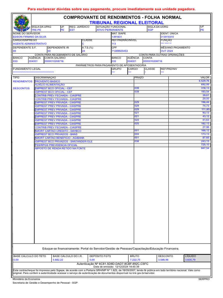 Contracheque OUT EDSON | PDF | Economias