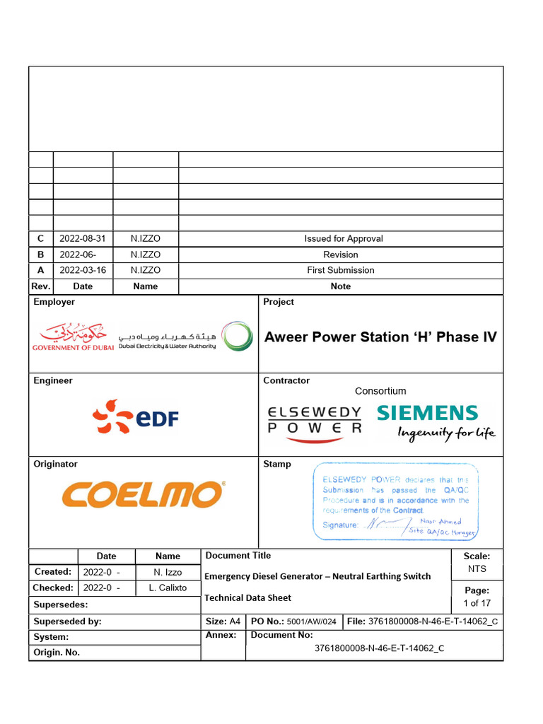 Emergency Diesel Generator Neutral Earthing Switch Data Sheet | PDF ...