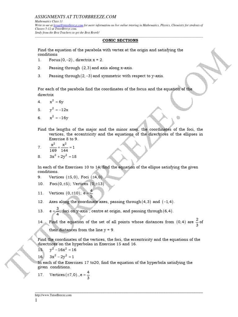 Conic Sections Assignments for Class 11 | PDF | Elementary Geometry ...