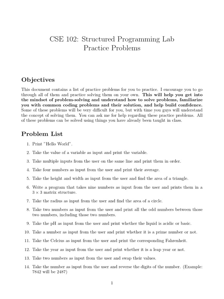 Practice Problems For CSE101 | PDF | Area | Mathematics