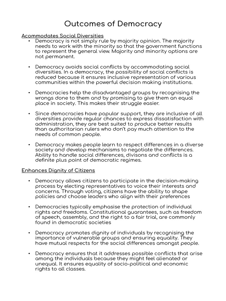 Outcomes of Democracy - Notes | PDF | Democracy | Political Ideologies