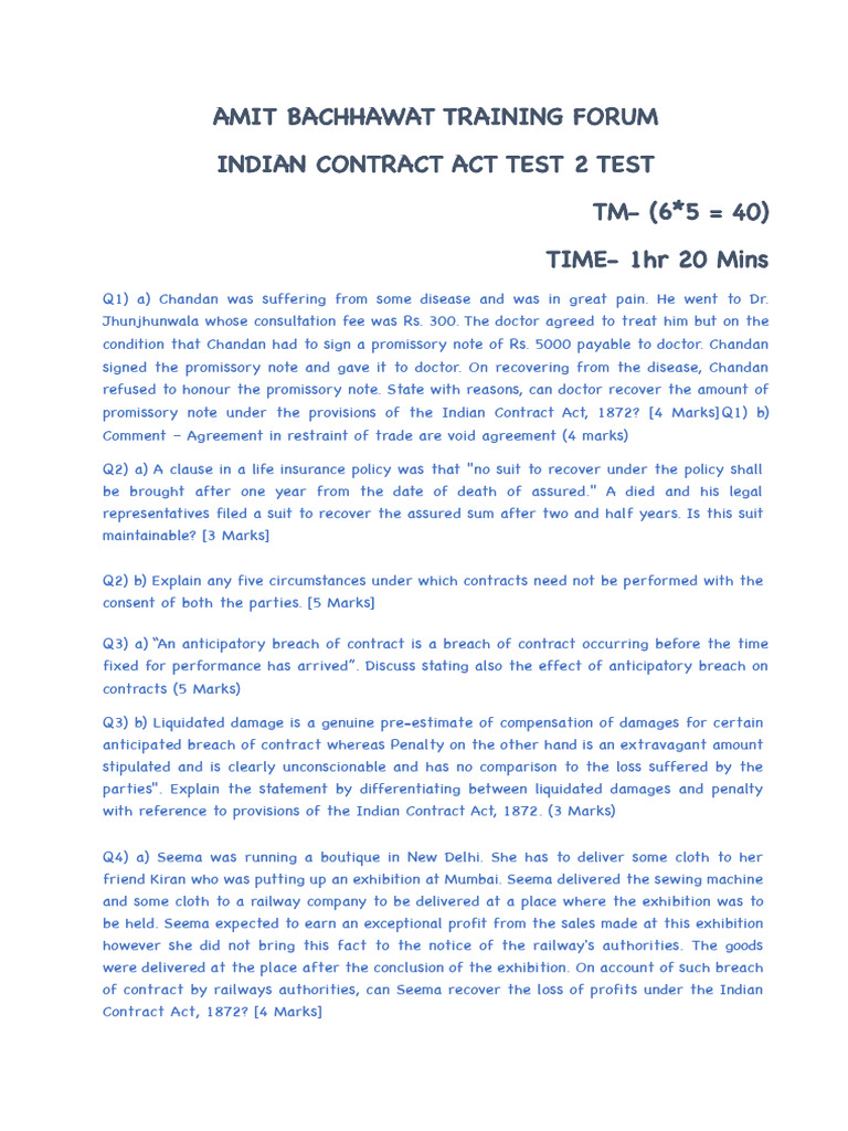 Indian Contract Act Test Paper-2 | PDF | Breach Of Contract | Damages