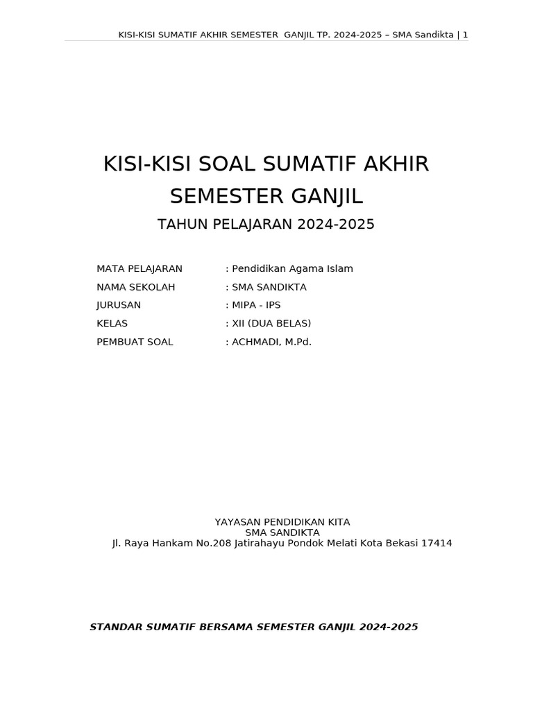 KISI KISI Sumatif Akhir Semester Ganjil 2024-2025-1 | PDF