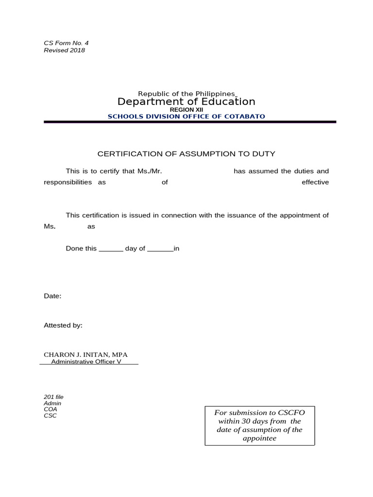 CS Form No. 4 Certification of Assumption to Duty - Copy - Copy | PDF