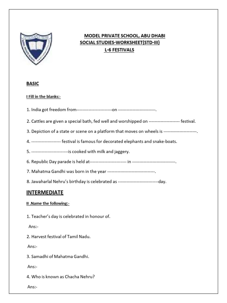 L-6 Festivals Worksheet | PDF