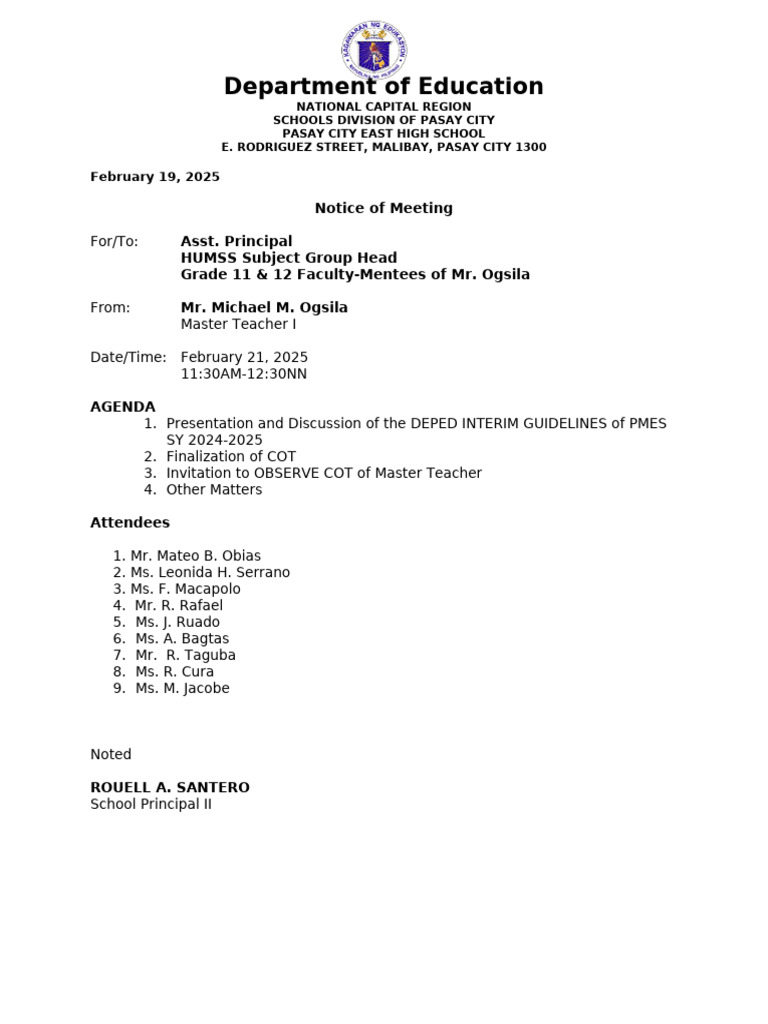 Pasay City High School Meeting Notice | PDF