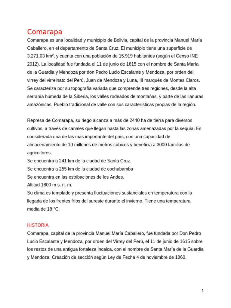 Comarapa Es Una Localidad y Municipio de Bolivia, Capital de La Provincia Manuel María Caballero ...