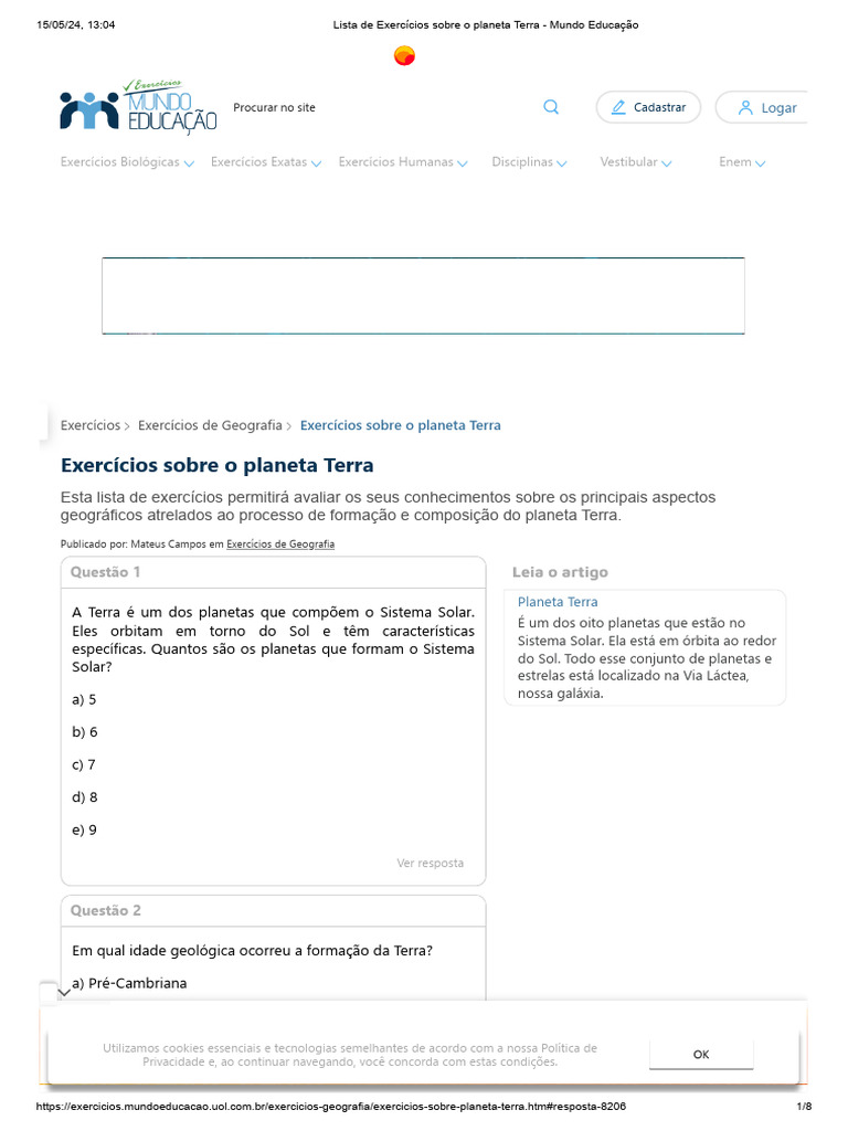 Exercícios sobre o Planeta Terra | PDF | Terra | Crosta (Geologia)