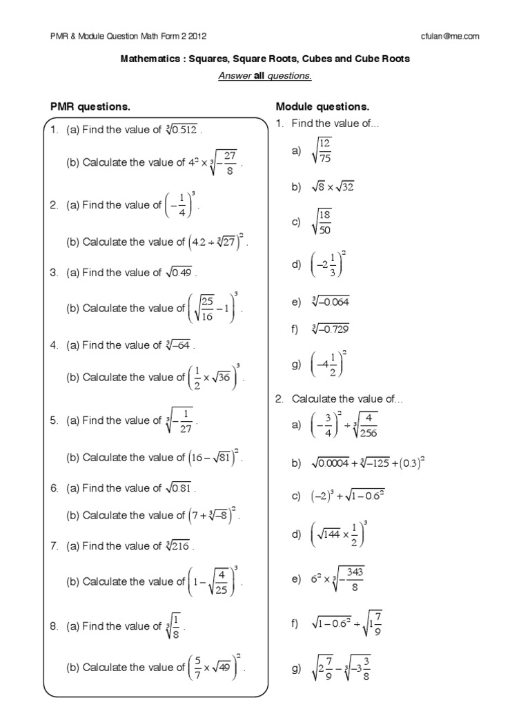2012 Math F2 (Squares, Square Roots, Cubes and Cube Roots) | PDF ...