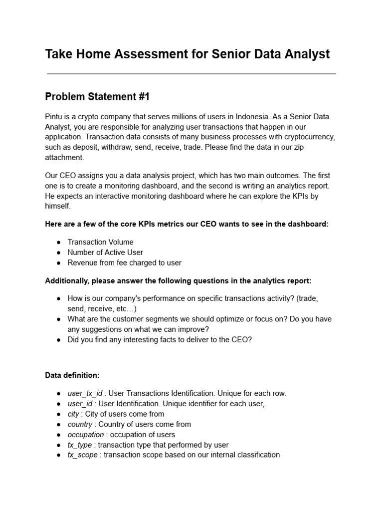 Take Home Assessment - Senior Data Analyst | PDF | Data Analysis | Analytics