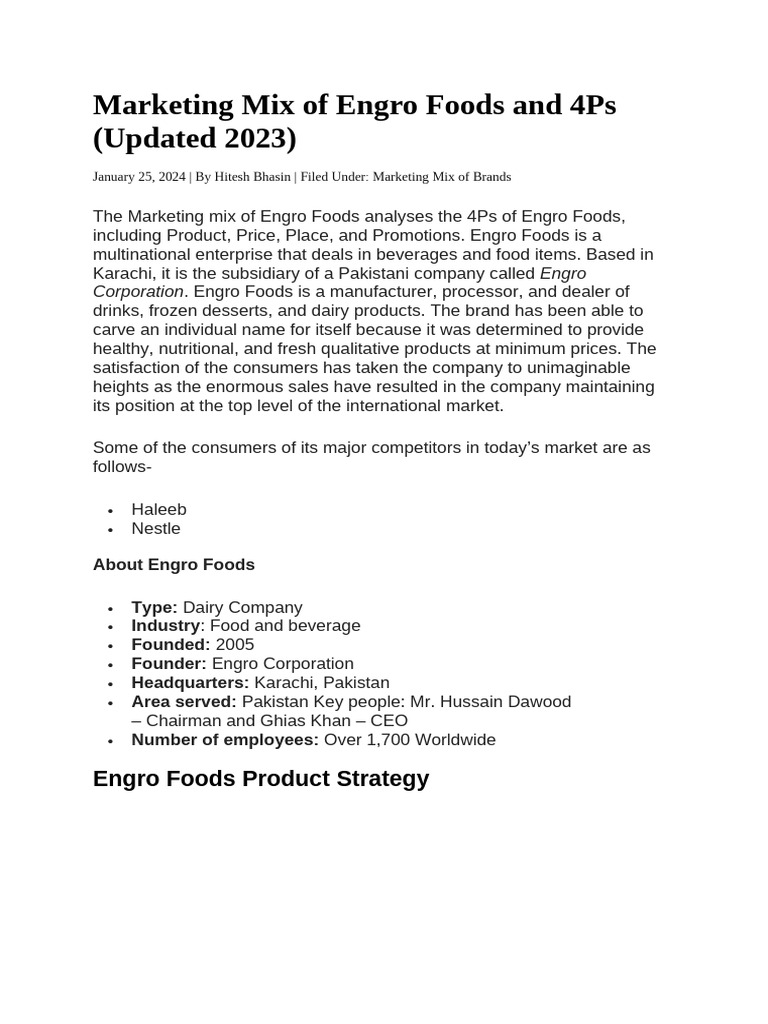 Engro Foods Marketing Mix: 4Ps Analysis | PDF | Pricing | Milk