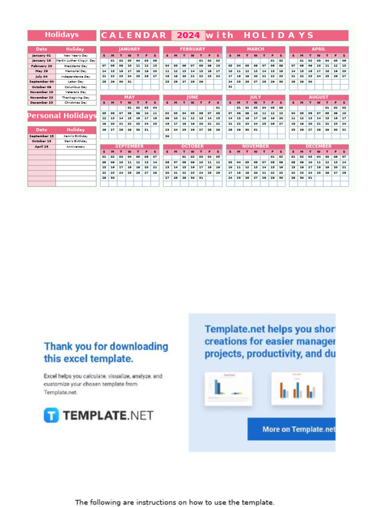 Calendar 2024 With Holidays Template | PDF | Holidays | Entertainment ...