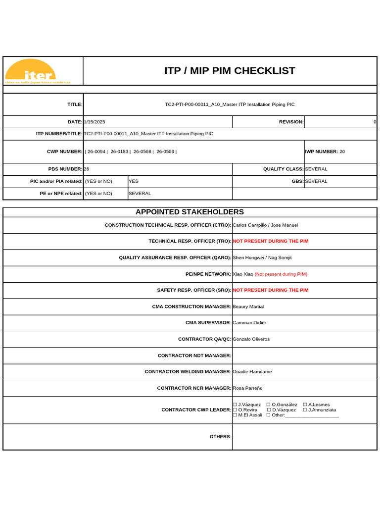 CheckList - TC2-PTI-P00-00011 - A10 - Master ITP Installation Piping PIC | PDF | Nondestructive ...