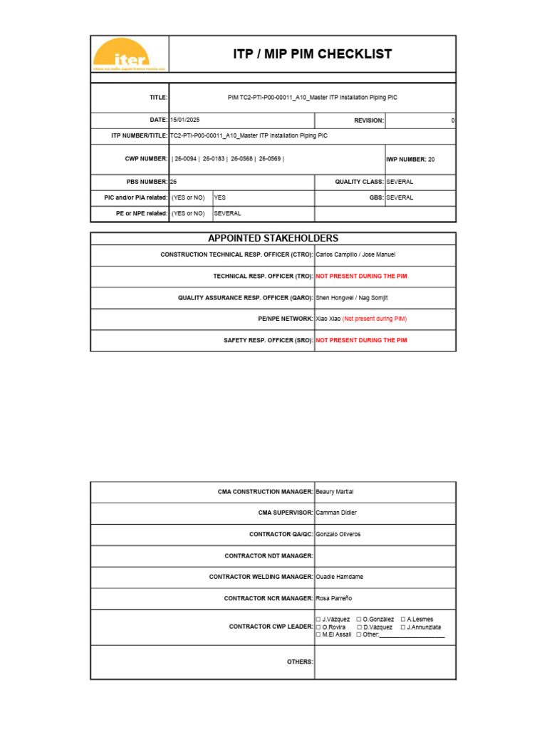 20250130_CheckList_TC2-PTI-P00-00011_A10_Master ITP Installation Piping ...