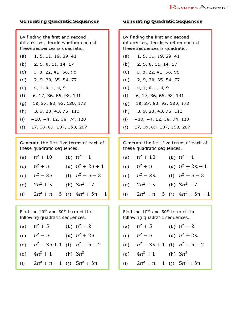 Generating Quadratic Sequences Practice Strips FFF | PDF