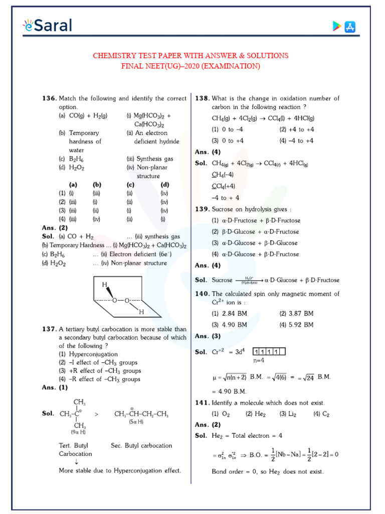 NEET 2020 Chemistry Question Paper | PDF