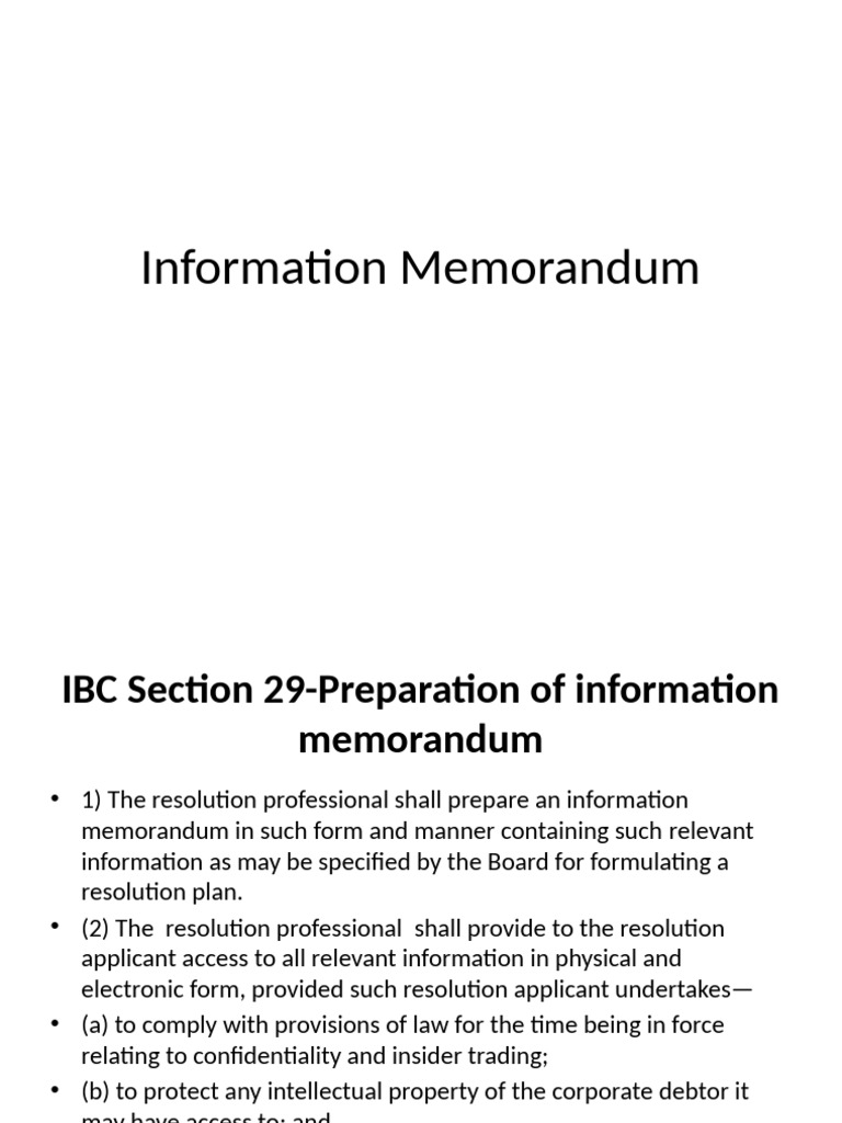 Information Memorandum Under IBC | PDF | Bankruptcy | Corporations