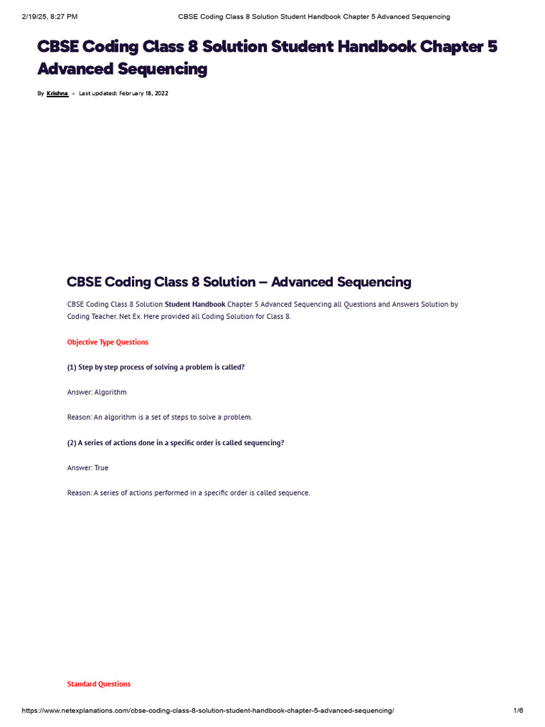 CBSE Coding Class 8 Solution Student Handbook Chapter 5 Advanced ...