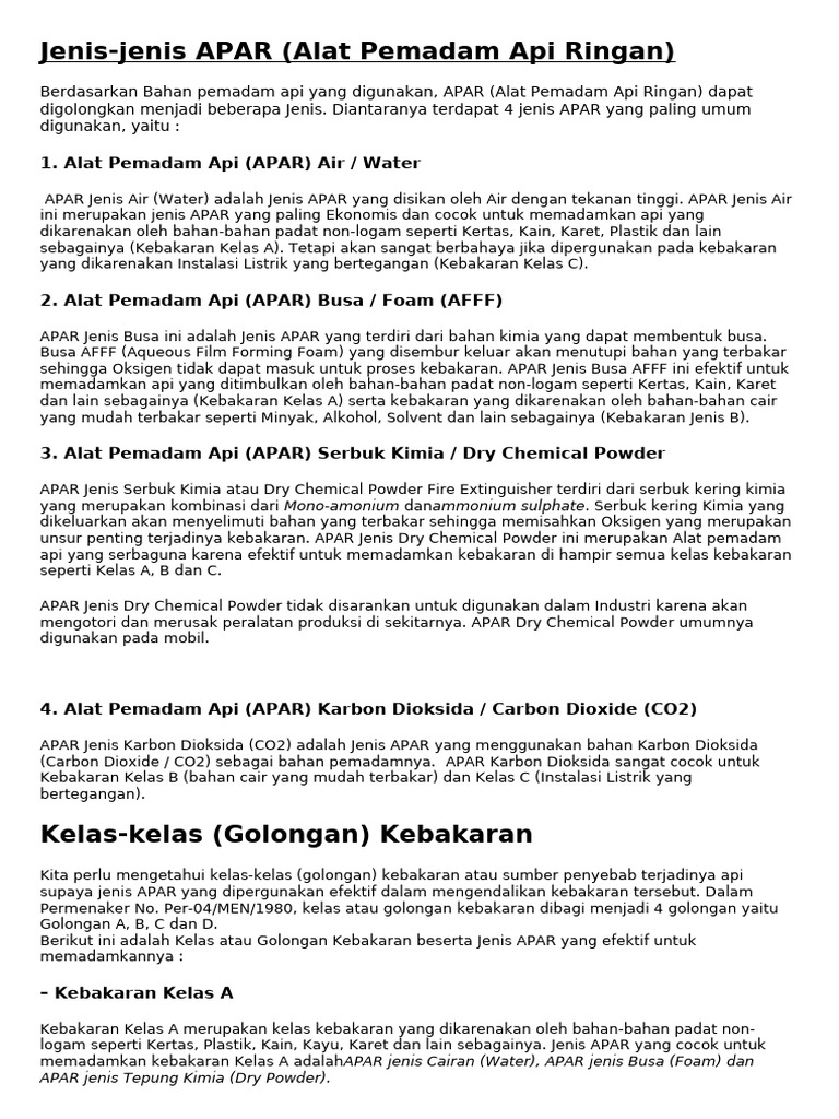 Jenis-Jenis APAR dan Kelas Kebakaran | PDF