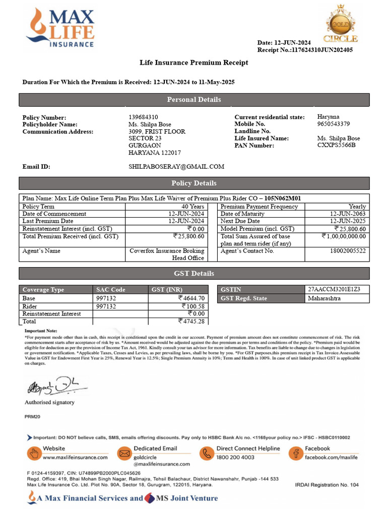 Life Insurance Premium Receipt | PDF | Life Insurance | Insurance