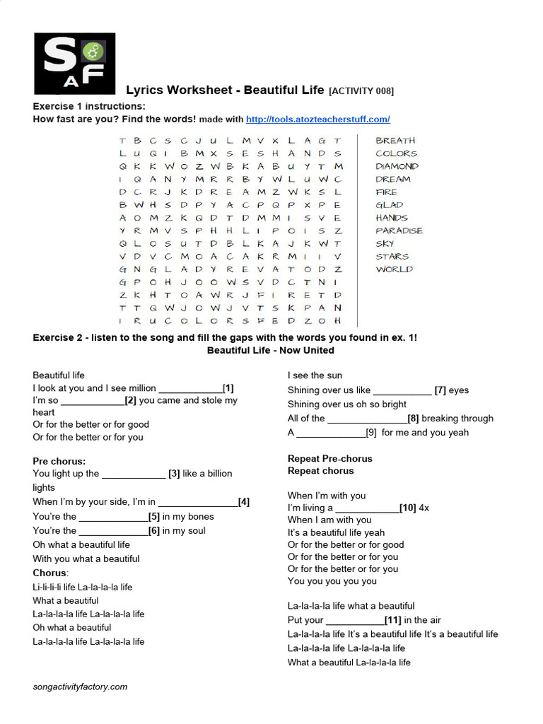 SAF - Lyrics Worksheet - Song 08 | PDF