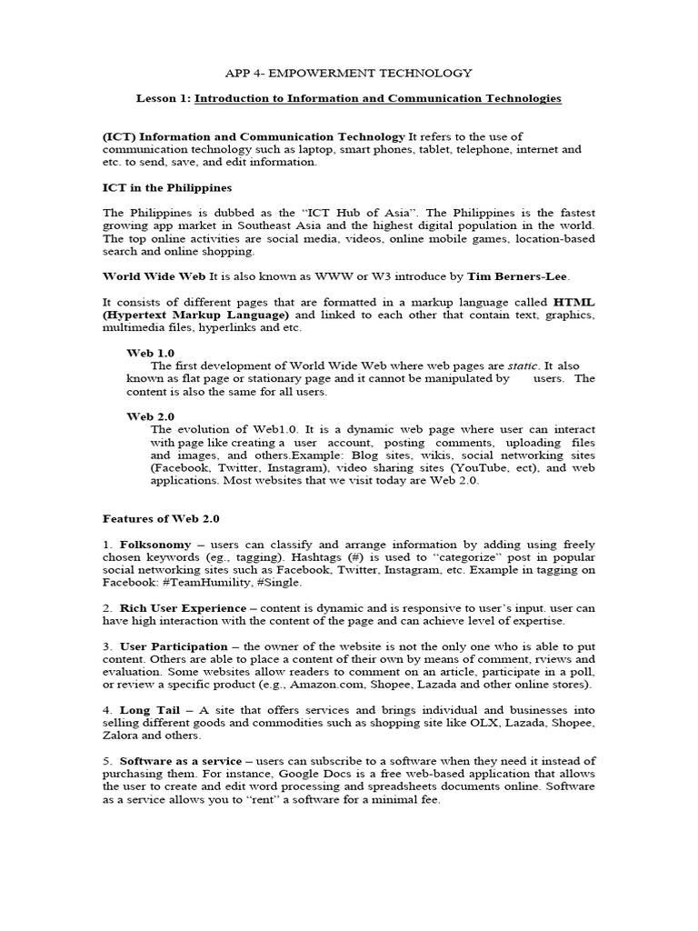 APP4 Lesson 1 Introduction To Information and Communication Technologies | PDF | World Wide Web ...