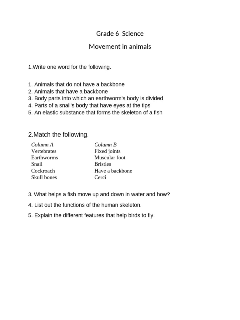Grade 6 Science: Animal Movement | PDF