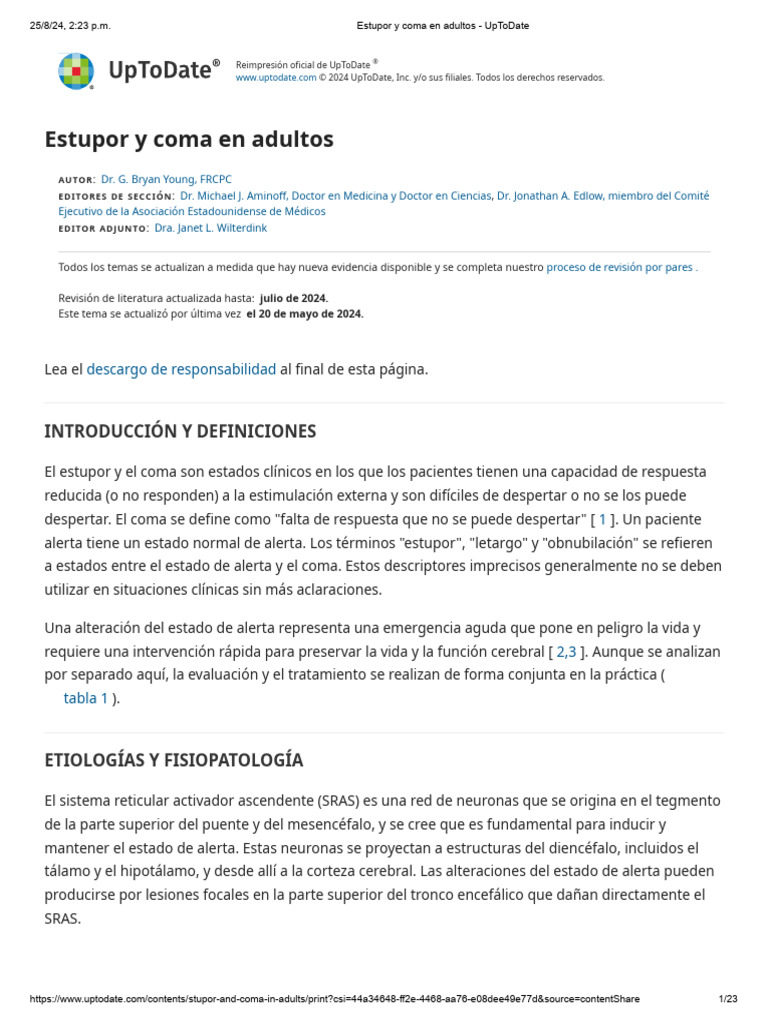 Estupor y Coma en Adultos - UpToDate | PDF | Coma