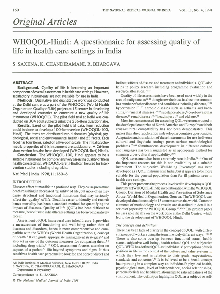 WHOQOL Hindi A Questionnaire For Assessi | PDF | Quality Of Life | Feeling