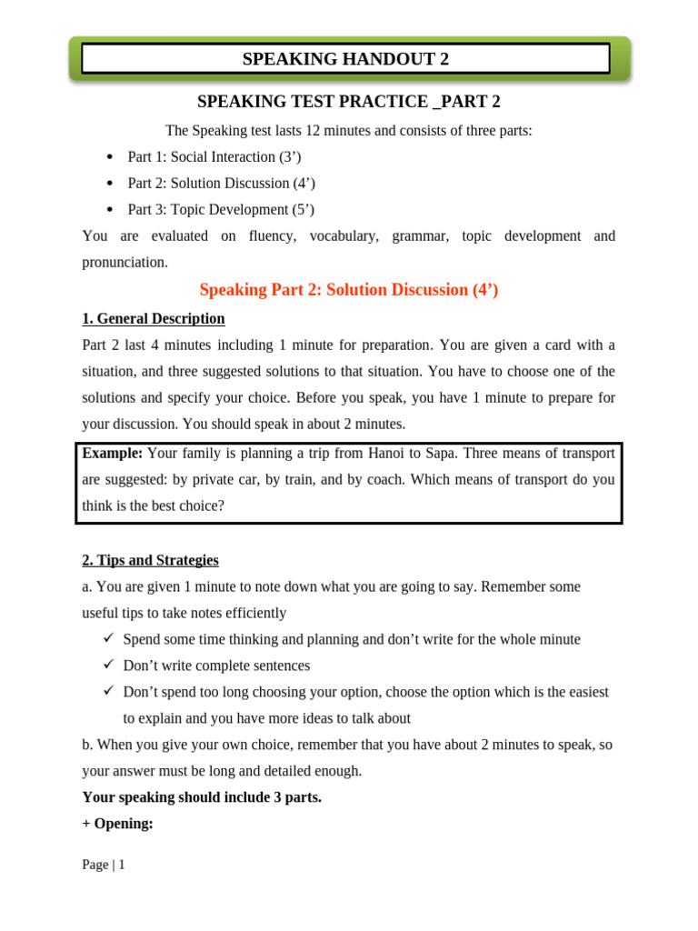 Speaking Handout 2. Speaking Test - Part 2 | PDF | Cognitive Science ...